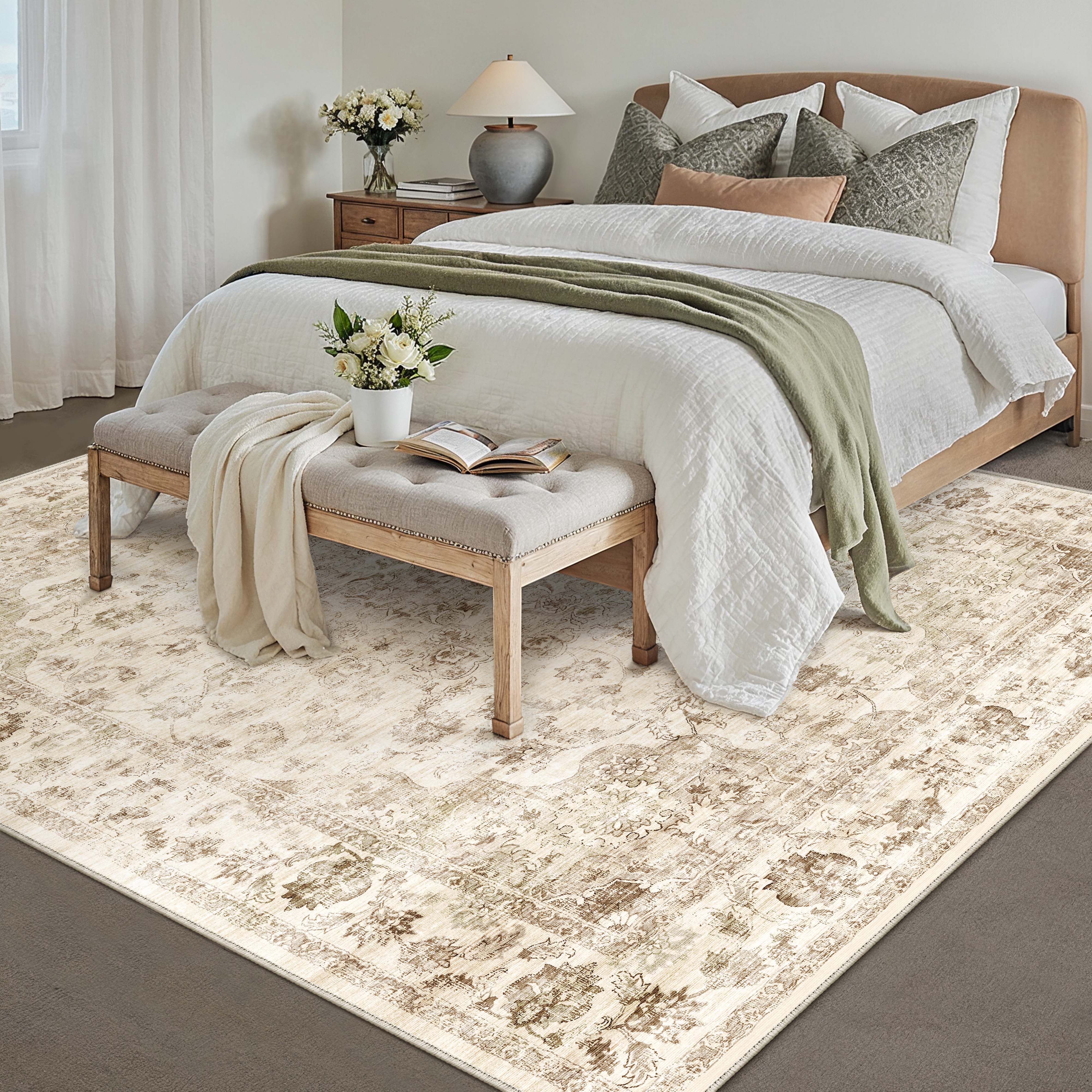 Juliet Vintage Floral Beige Short Pile Traditional Washable Rug – PureCozy